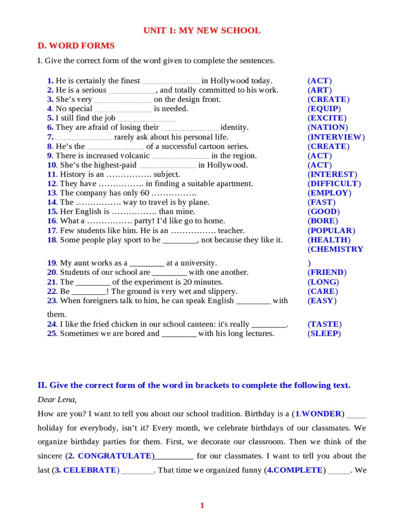 Bài tập Anh 6 theo chuyên đề 4. WORD FORM E6 (UNIT 1-6) | PDF