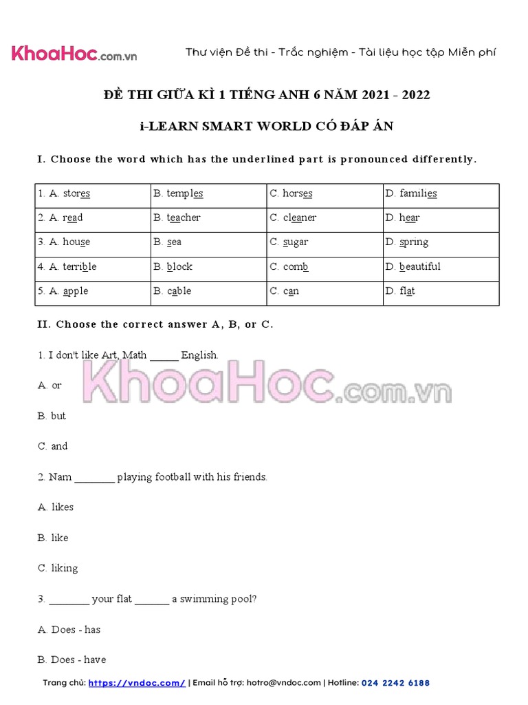 De Thi Giua Ki 1 Tieng Anh 6 I Learn Smart World Co Dap An | PDF