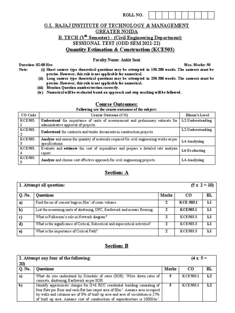 Sessional Test Format - ODD - Semester | PDF | Mortar (Masonry ...