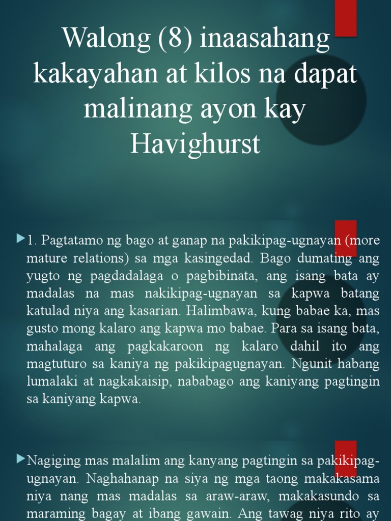 8 Inaasahang Katangian at Kilos Na Dapat Malinang Ayon Kay Havighurst | PDF