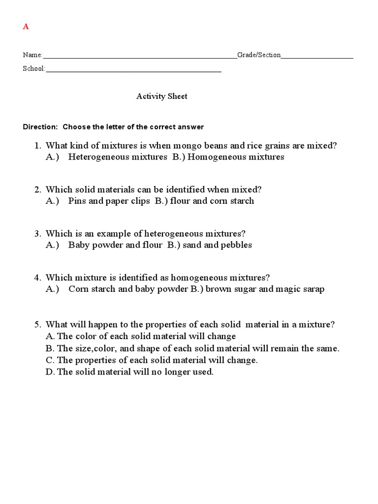 Activity Sheet | PDF | Mixture | Homogeneity And Heterogeneity