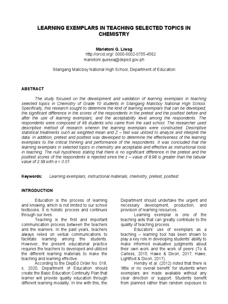 Learning Exemplars in Teaching Selected Topics in Chemistry | PDF | Teaching Method | Learning