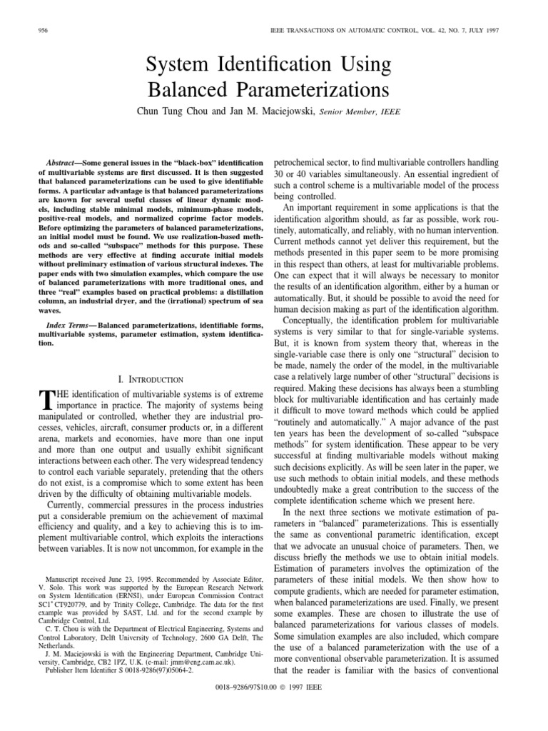 1997 System Identification Using Balanced Parametrizations | PDF | Matrix (Mathematics ...