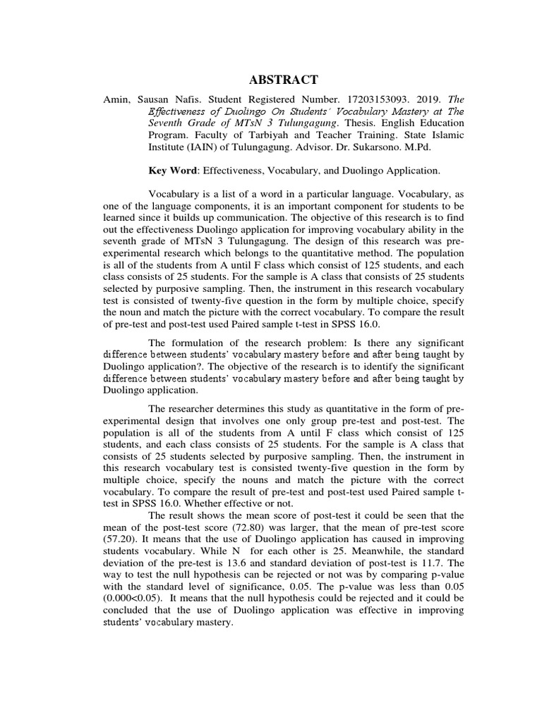 The Effectiveness of Duolingo On Students' Vocabulary Mastery at The ...