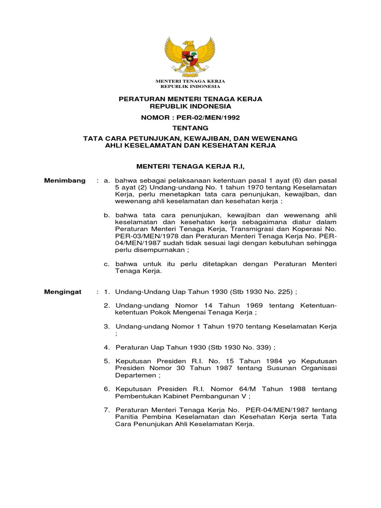PERMENAKER No 2 Tahun 1992 | PDF