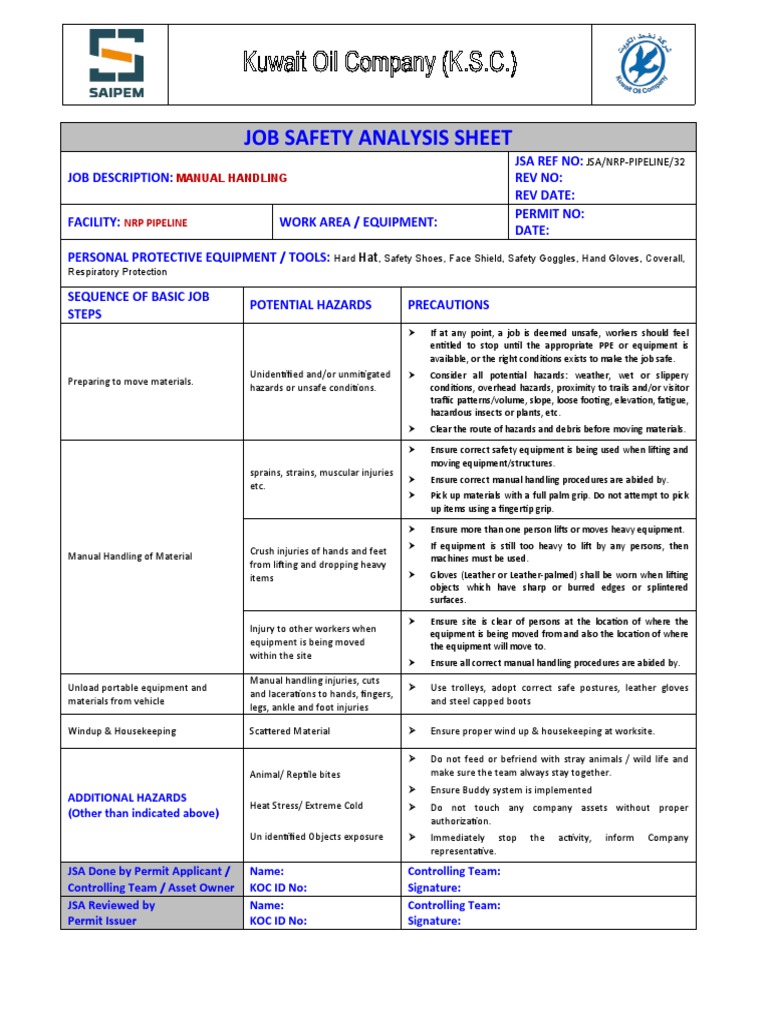 JSA #32 Manual Handling | PDF | Personal Protective Equipment | Safety