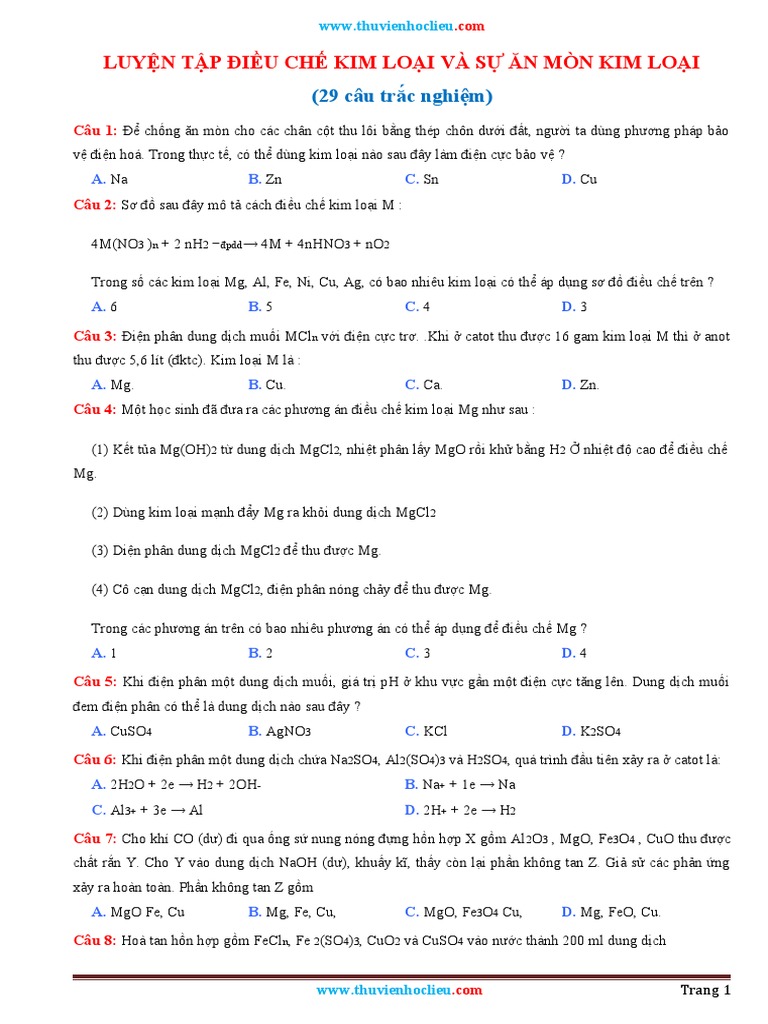 Trac Nghiem LUYEN TAP DIEU CHE KIM LOAI VA SU AN MON KIM LOAI Co Dap An ...