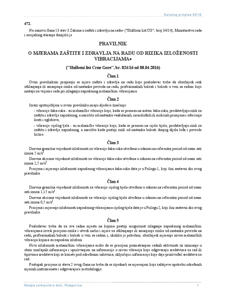 Pravilnik o Mjerama Zastite I Zdravlja Na Radu Od Rizika Izlozenosti Vibracijama | PDF