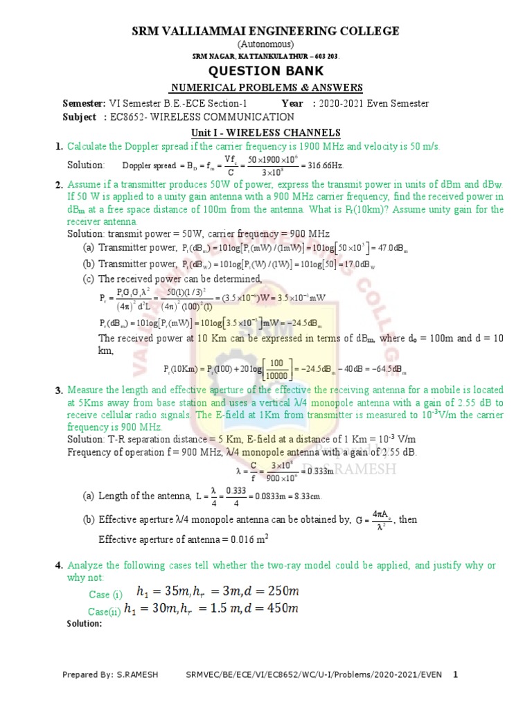 WC Unit 1 & 2 - Numerical Answers | PDF | Antenna (Radio) | Radio