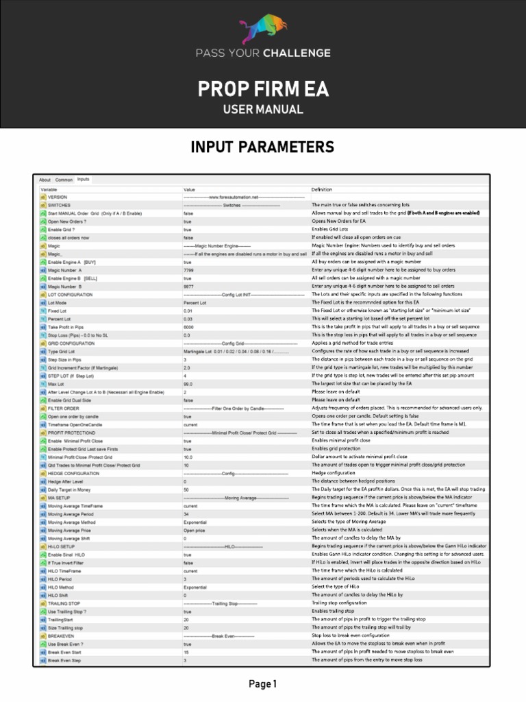 Prop Firm EA Input Parameters Guide | PDF