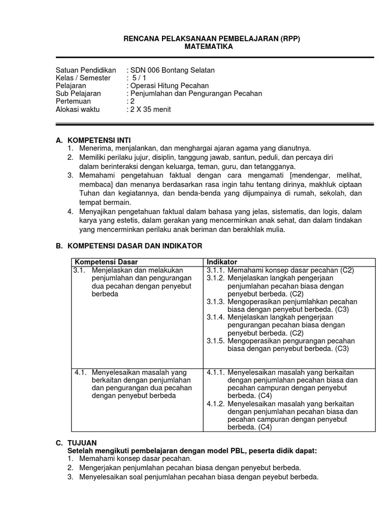 RPP Pecahan Kelas 5 | PDF | Karier & Perkembangan