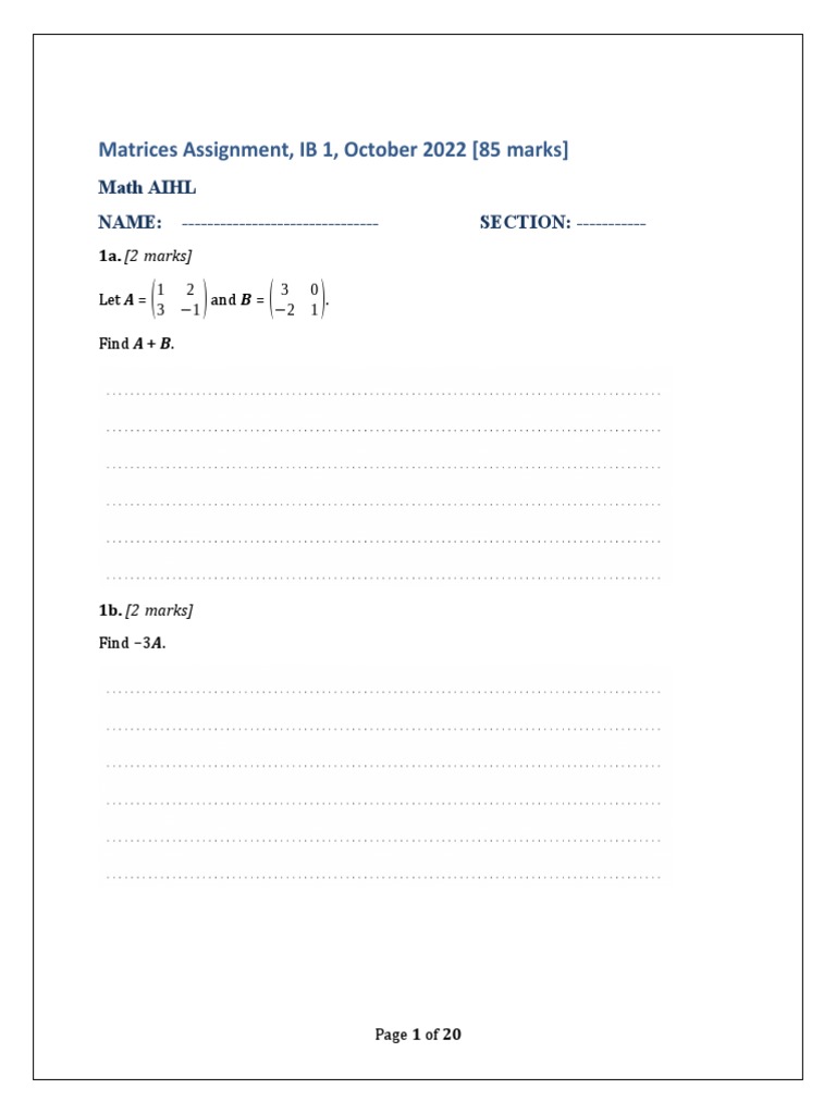 Matrices Assignment IB 1 Oct 22 | PDF | Matrix (Mathematics) | Mathematics