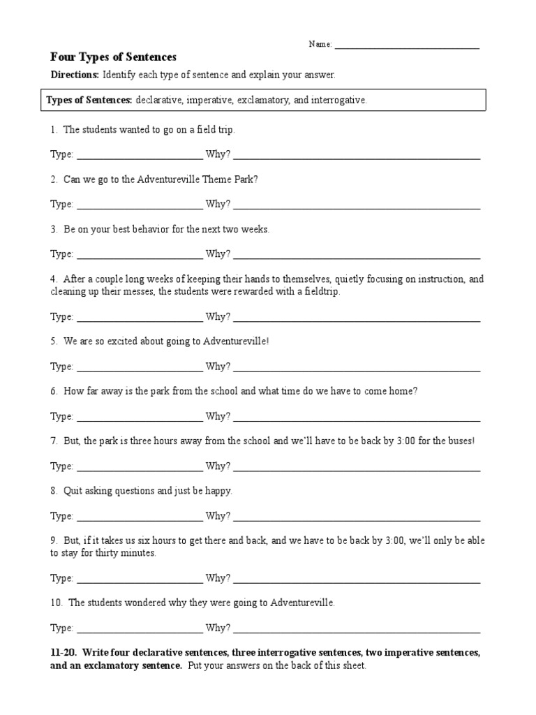 Four Types of Sentences Worksheet | PDF
