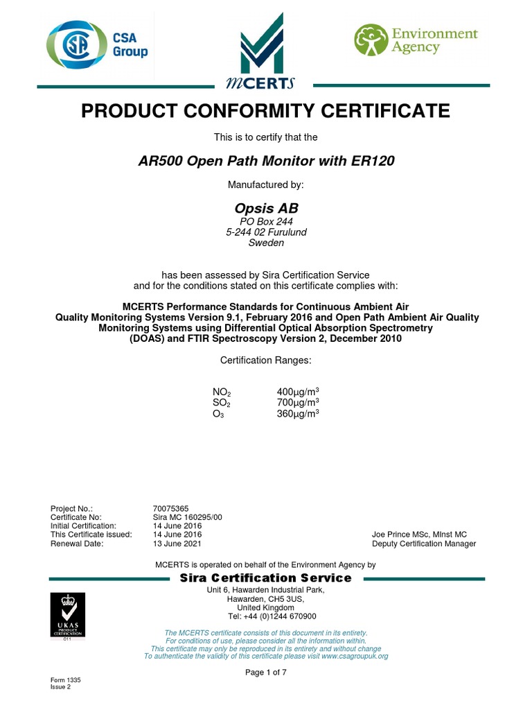 Product Conformity Certificate for the AR500 Open Path Monitor with ...