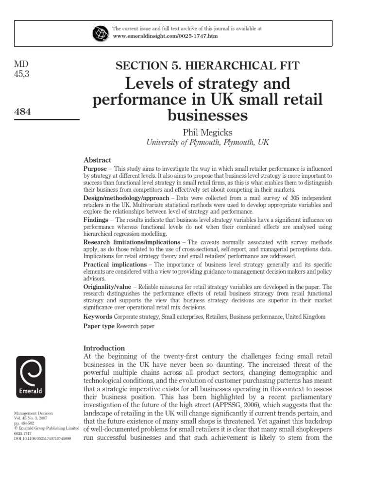 Levels of Strategy and Performance in UK Small Retail Businesses | PDF ...