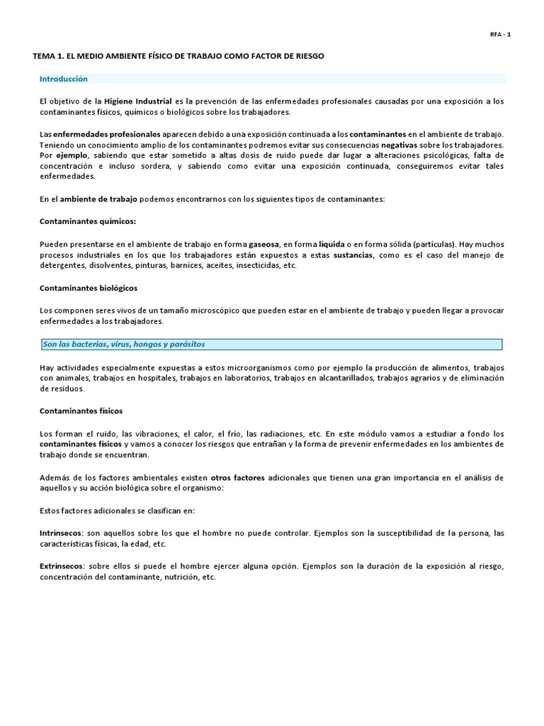 Rfa - Tema 1. El Medio Ambiente Físico de Trabajo Como Factor de Riesgo | Descargar gratis PDF ...