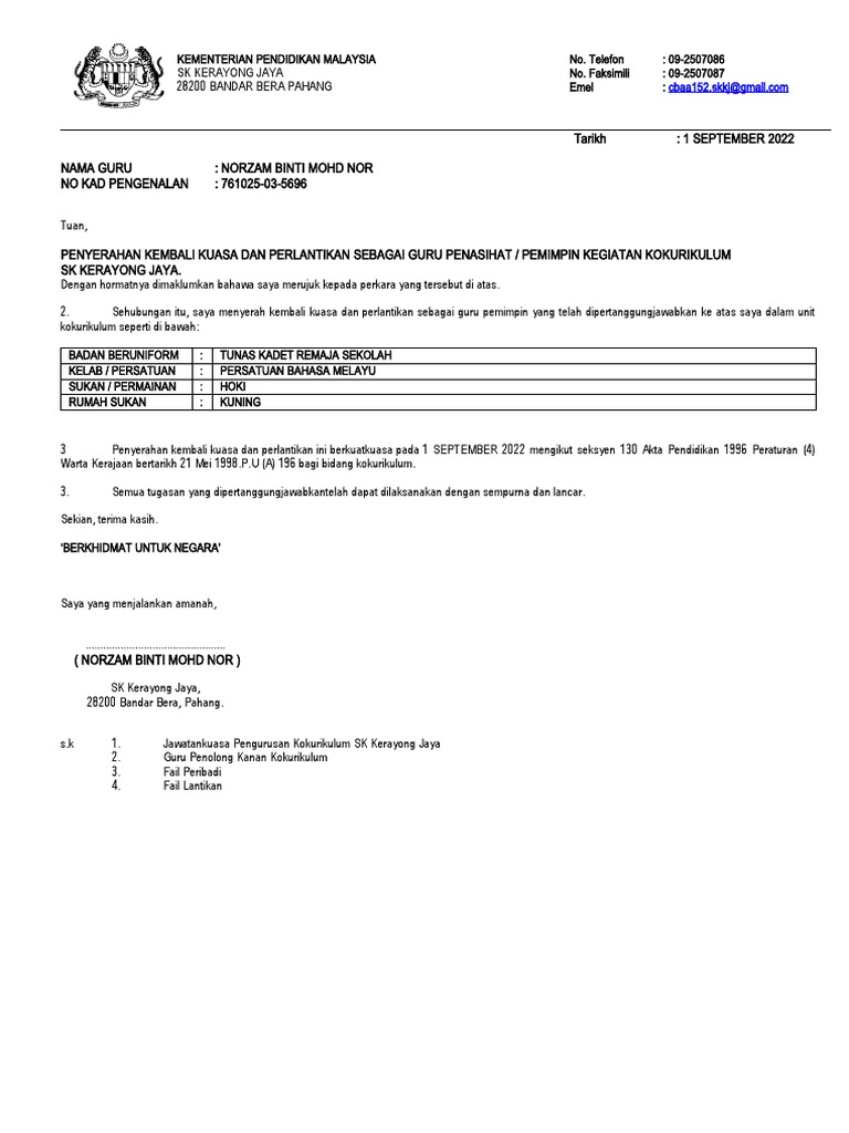 Surat Penyerahan Kembali Kuasa Dan Perlantikan Sebagai Guru Pemimpin | PDF