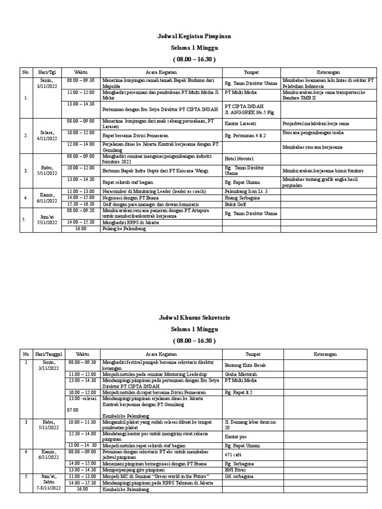 Jadwal Pimpinan Dan Sekretaris | PDF