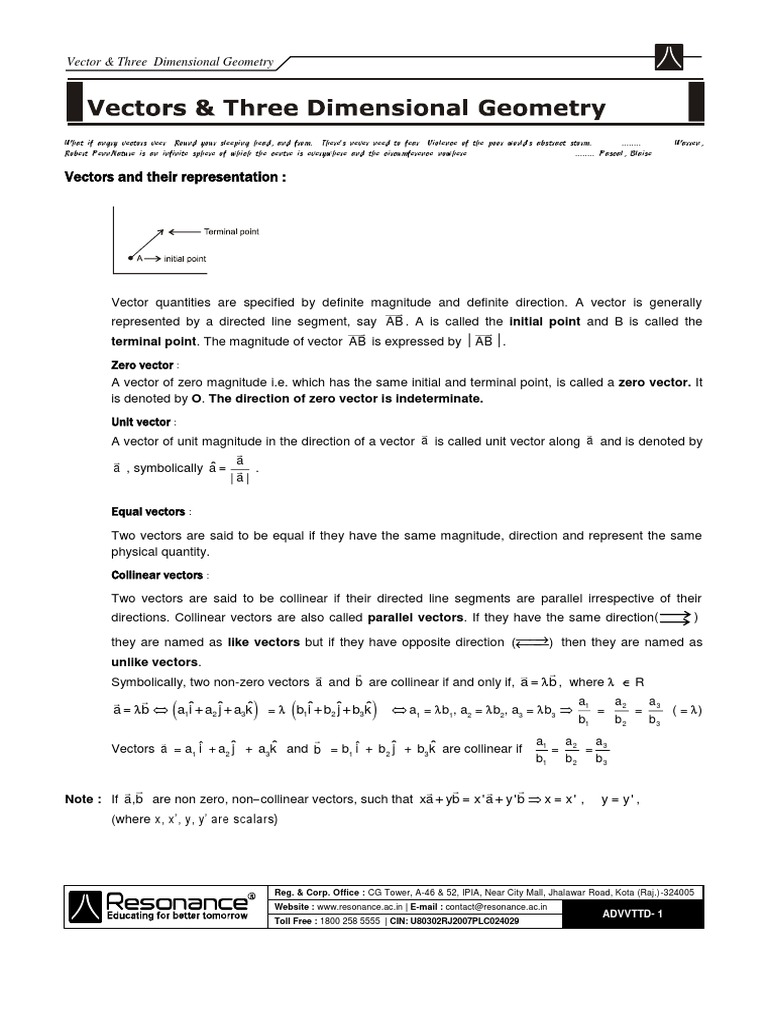 Vectors and Their Representation:: Vector & Three Dimensional Geometry | PDF | Line (Geometry ...