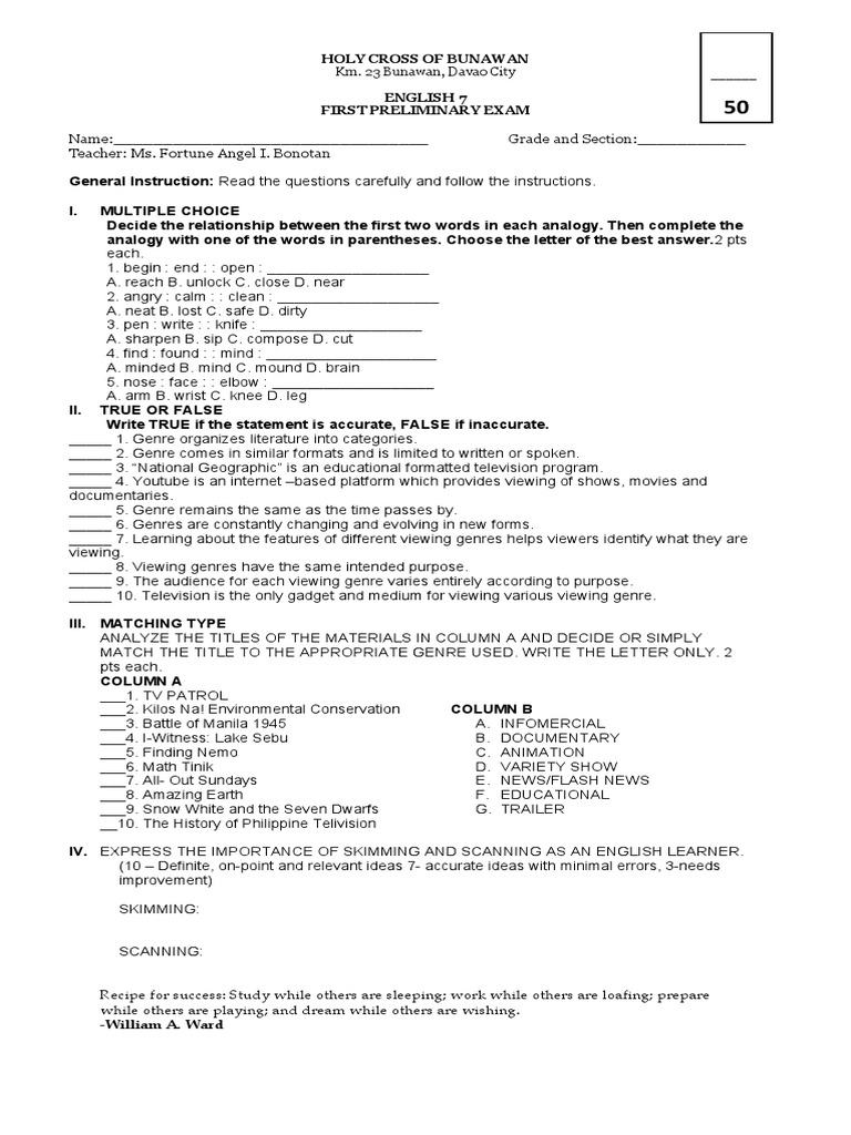 GRADE 7 2nd Preliminary Exam 1 | Download Free PDF | Genre | Cognition