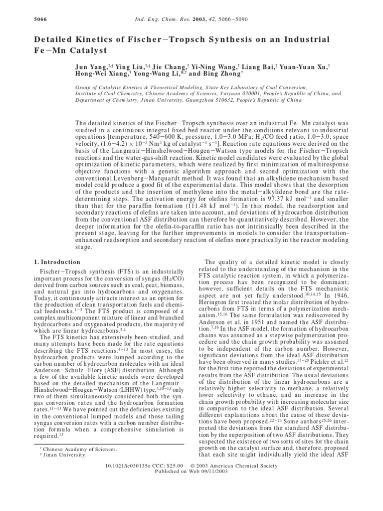 Detailed Kinetics of Fischer-Tropsch Synthesis On An Industrial | PDF ...