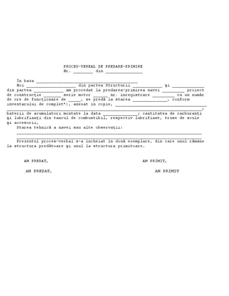 Proces Verbal Predare Primire Nava WWW - Model-De | PDF