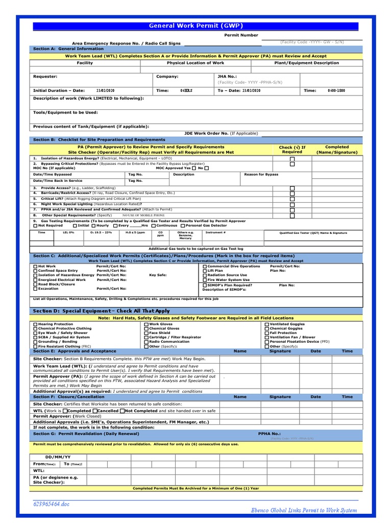EBENCO Facility General Work Permit (GWP) | PDF | Personal Protective ...