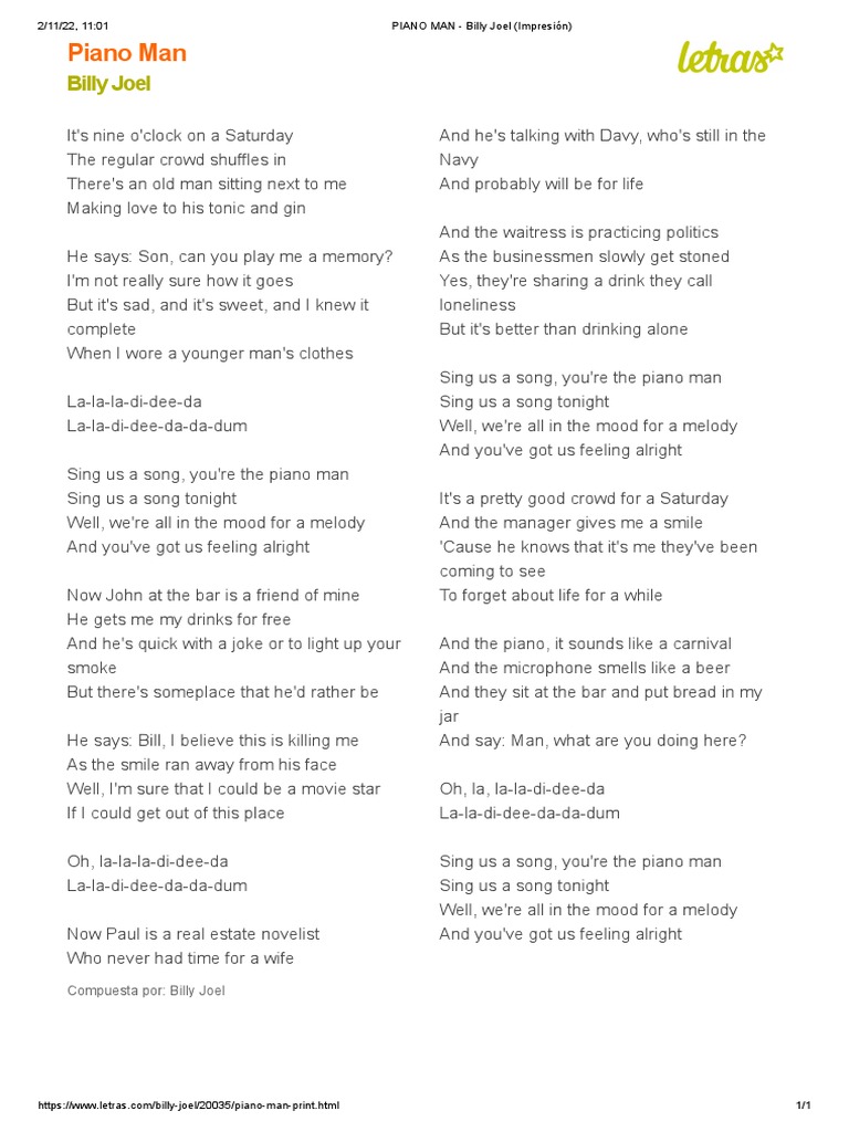 PIANO MAN - Billy Joel (Impresión) | PDF