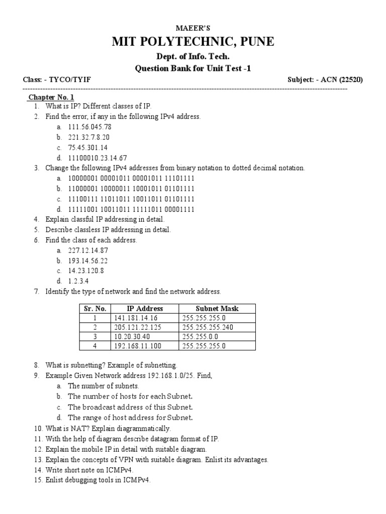 Question Bank UT-1 ACN 22520 | PDF | Ip Address | I Pv6