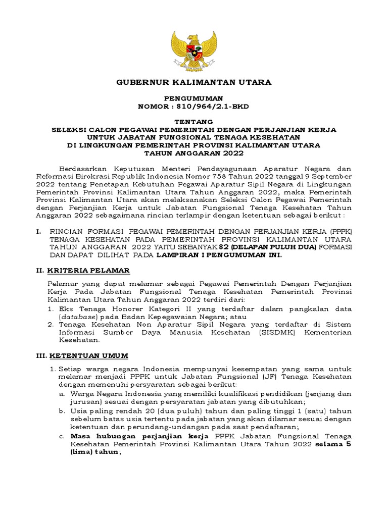 Pengumuman Gub Kaltara Tentang Seleksi CPPPK JF Nakes T.A. 2022. | PDF