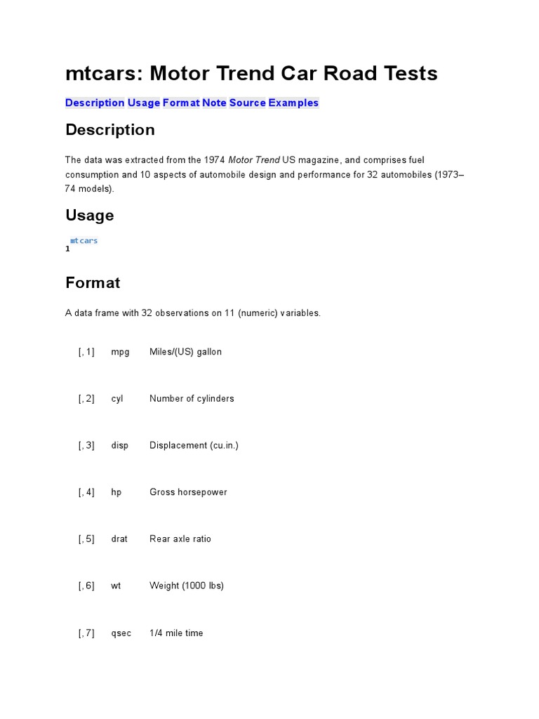 Motor Trend Car Road Tests Data Frame | PDF