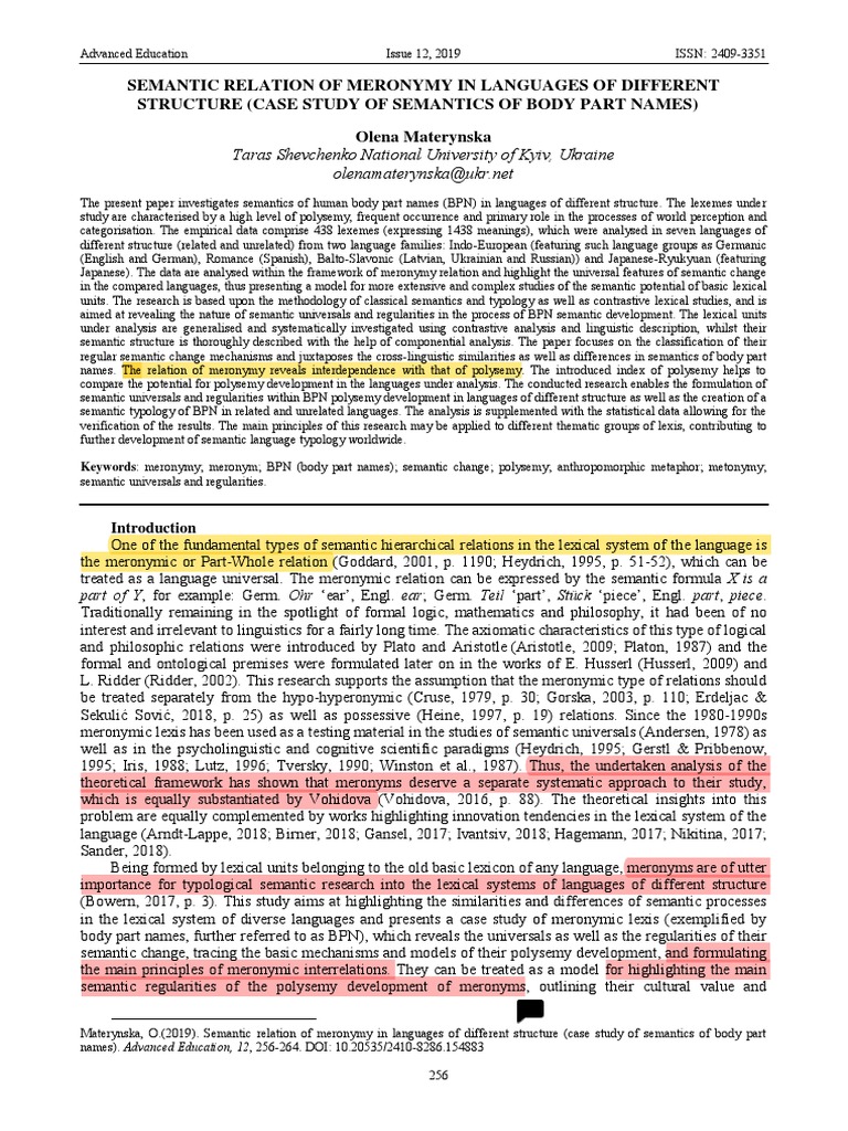 Semantic Relation of Meronymy in Languages of Different Structure | PDF ...