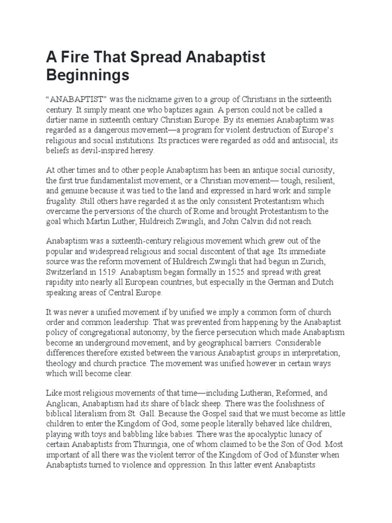 A Fire That Spread Anabaptist Beginnings | PDF | Anabaptism | Baptism