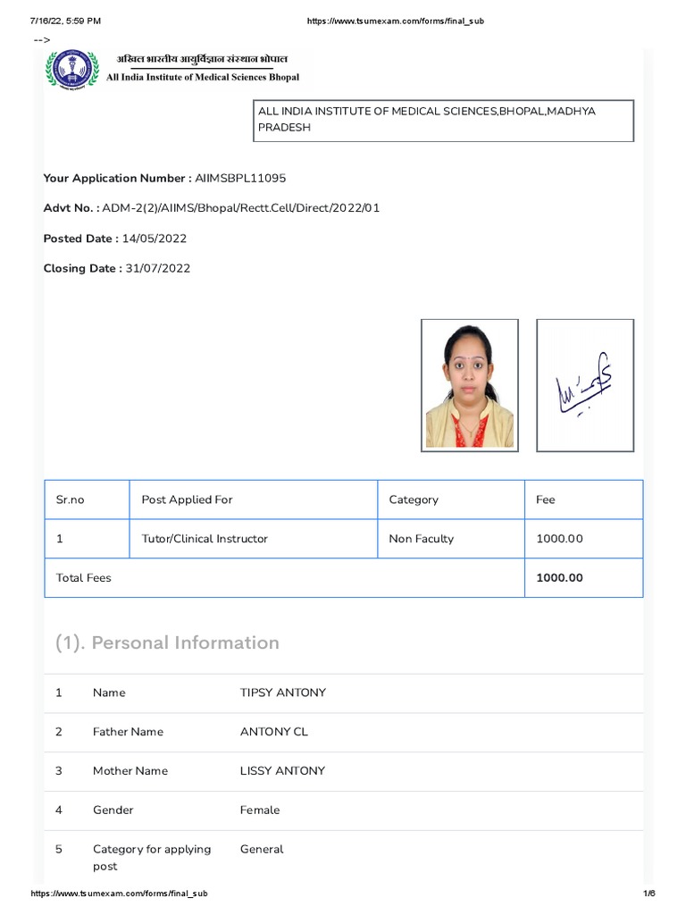 Application for the Post of Tutor/Clinical Instructor at AIIMS Bhopal ...