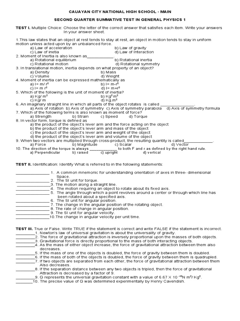 General Physics 1: 2nd Quarter Test | PDF | Rotation Around A Fixed ...
