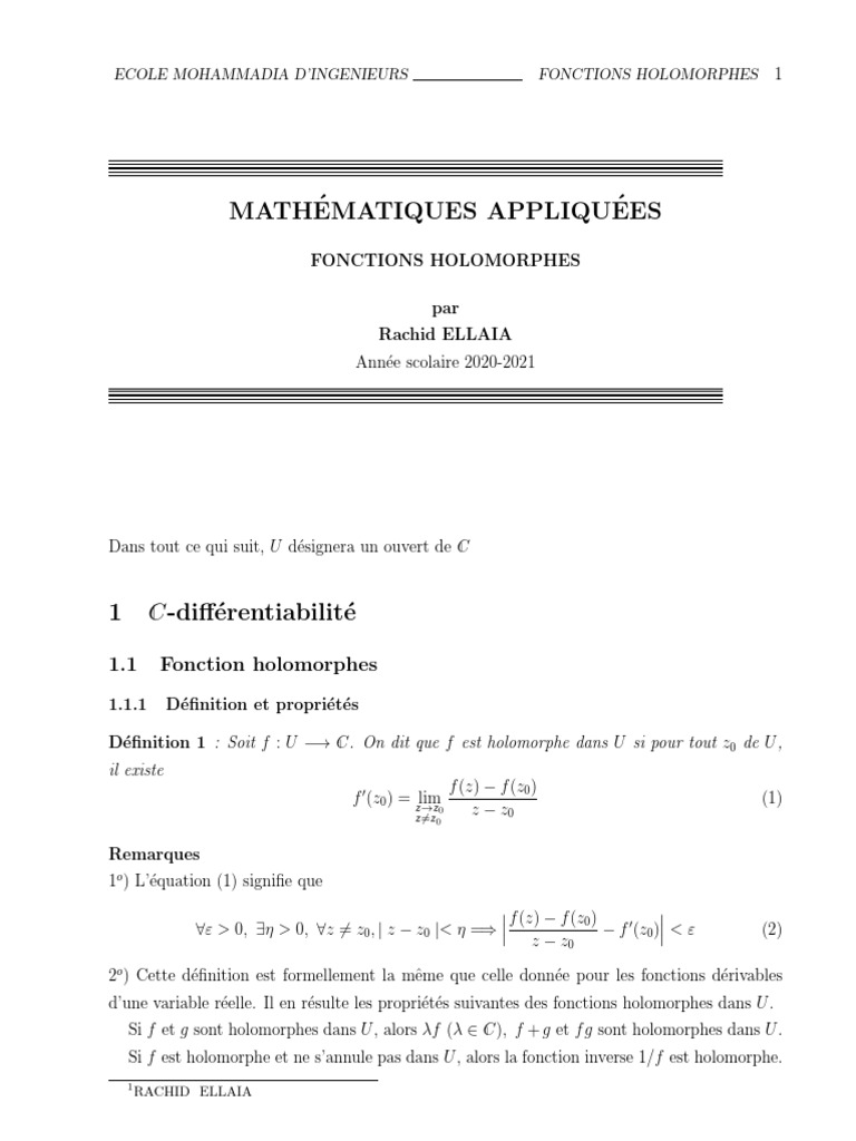 Introduction aux Fonctions Holomorphes | PDF | Fonction holomorphe ...