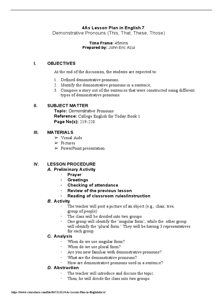 4as Lesson Plan in English7 | PDF | Lesson Plan | English Language