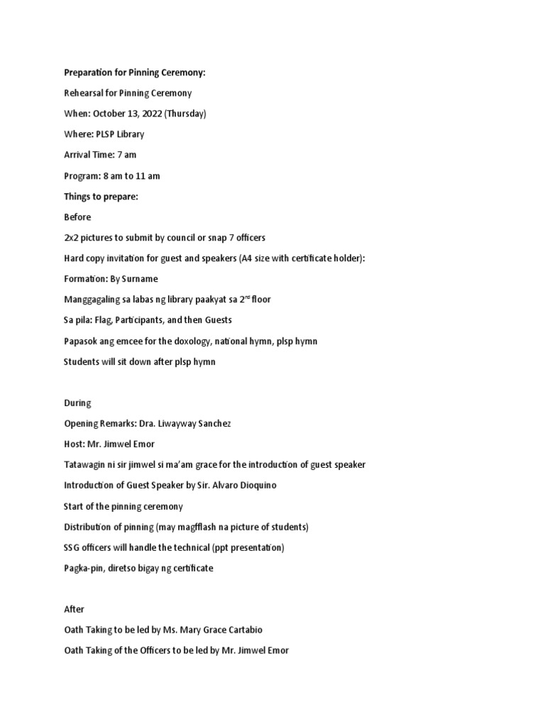 Preparation For Pinning Ceremony | PDF