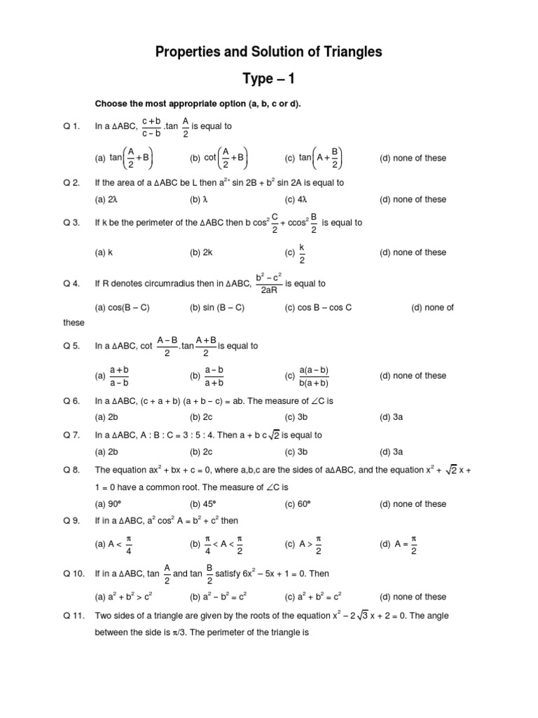 05 - Properties and Solution of Triangles | PDF | Triangle | Geometric ...