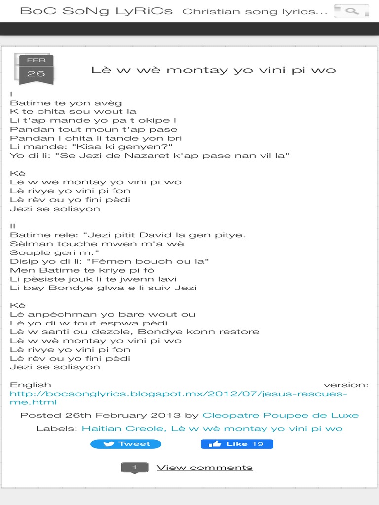 BoC SoNg LyRiCs Lè W Wè Montay Yo Vini Pi Wo | PDF