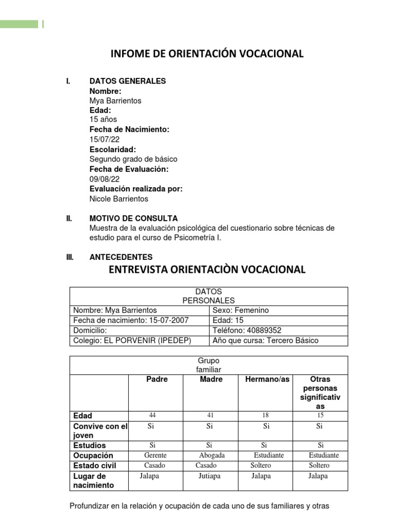 FORMATO de INFORME Orientación Vocacional | PDF | Prueba (evaluación)