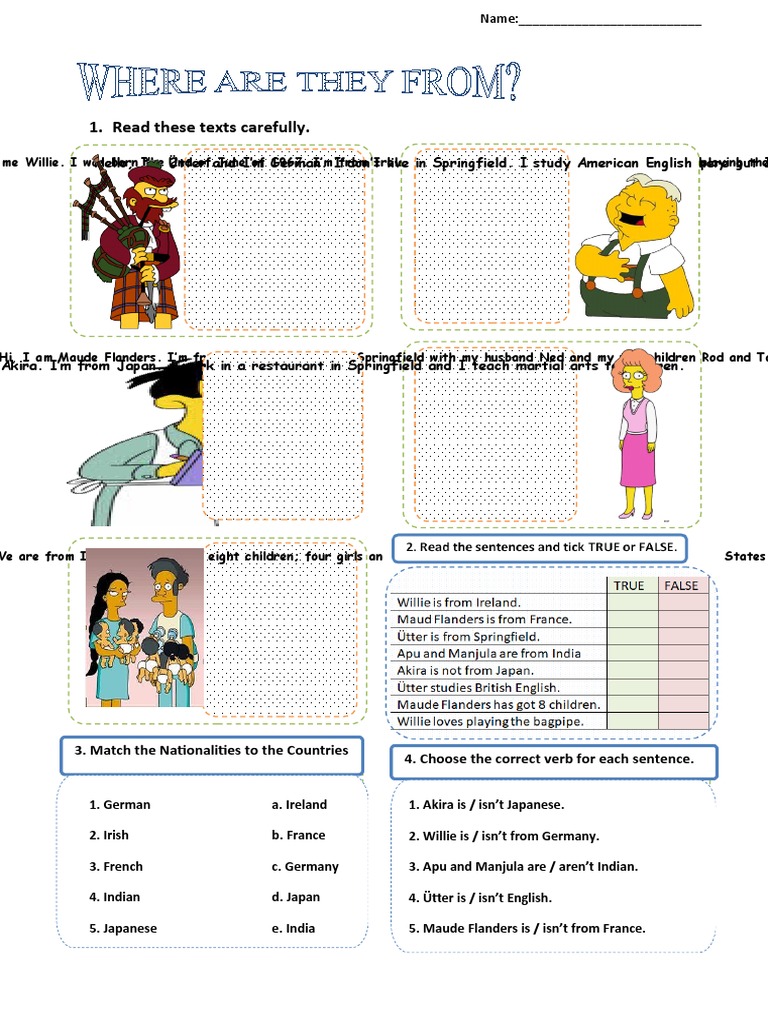 1º 2º ESO Where Are They From? Reading Comprehension | PDF | American ...