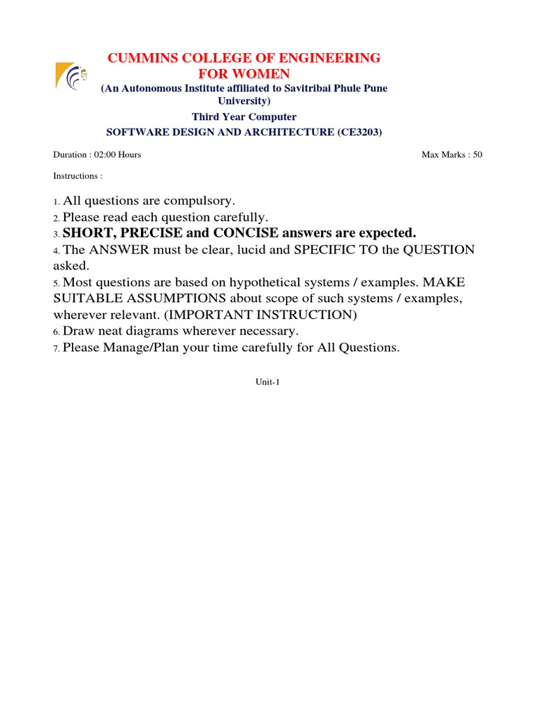 Cummins College Of Engineering Software Design And Architecture Exam