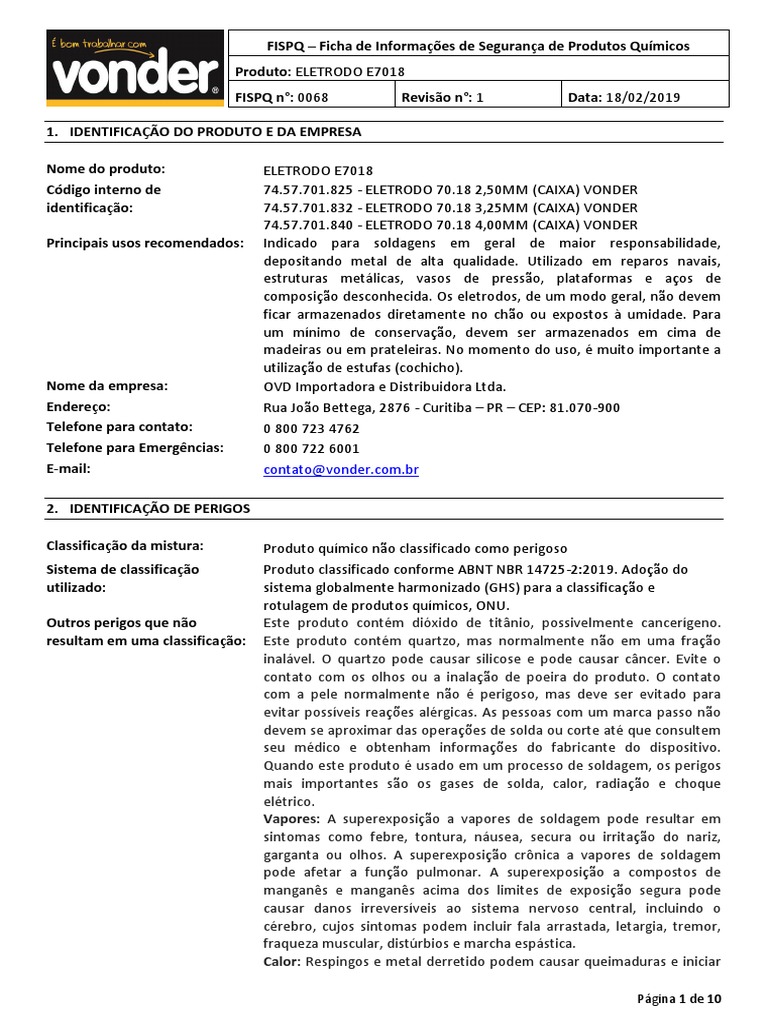 FISPQ Eletrodo E7018 | PDF | Manganês | Química