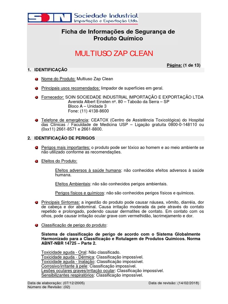 FISPQ MULTIUSO ZAP CLEAN Rev.02 | PDF | Etanol | Embalagem e rotulagem