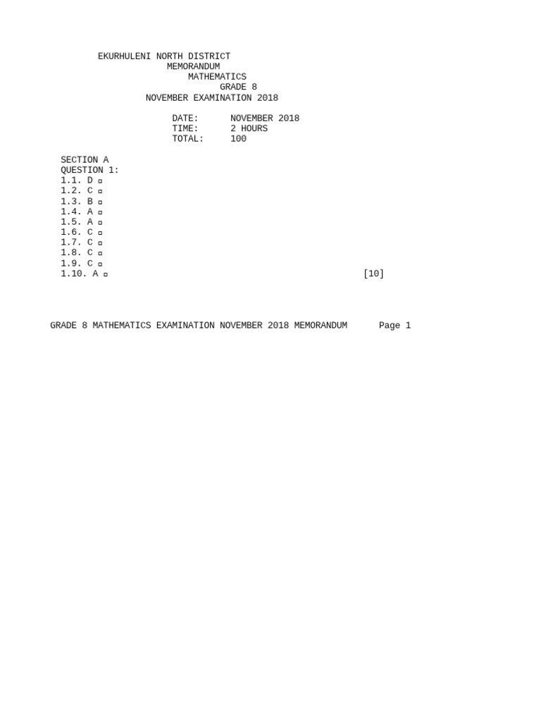Mathematics Memorandum Grade 8 November 2018 | PDF | Triangle ...