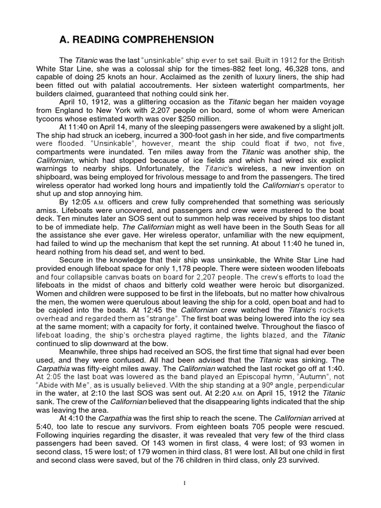 A. Reading Comprehension | PDF | Ships | Ships Of The White Star Line