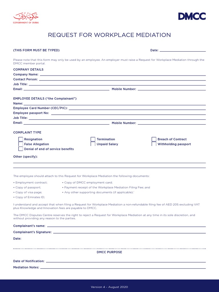 DMCC Workplace Mediation Request Form | PDF | Business | Law