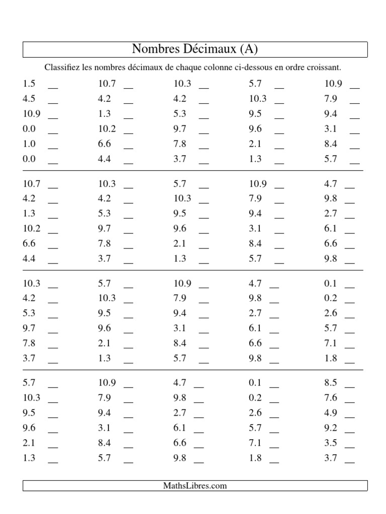 6 - Classification en Ordre de Nombres Décimaux - Dixièmes (A) | PDF