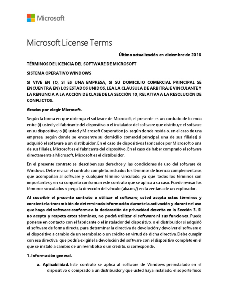 Terminos de Licencia Microsoft | PDF | Microsoft | Software
